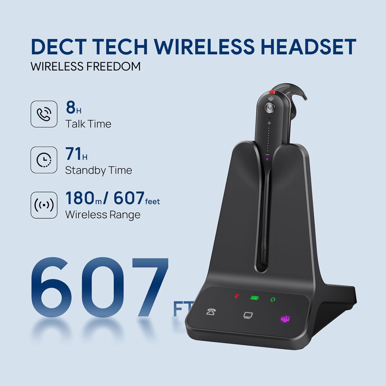 Yealink WH63 E2 Wireless DECT Headset, Teams Certified, 607ft Range